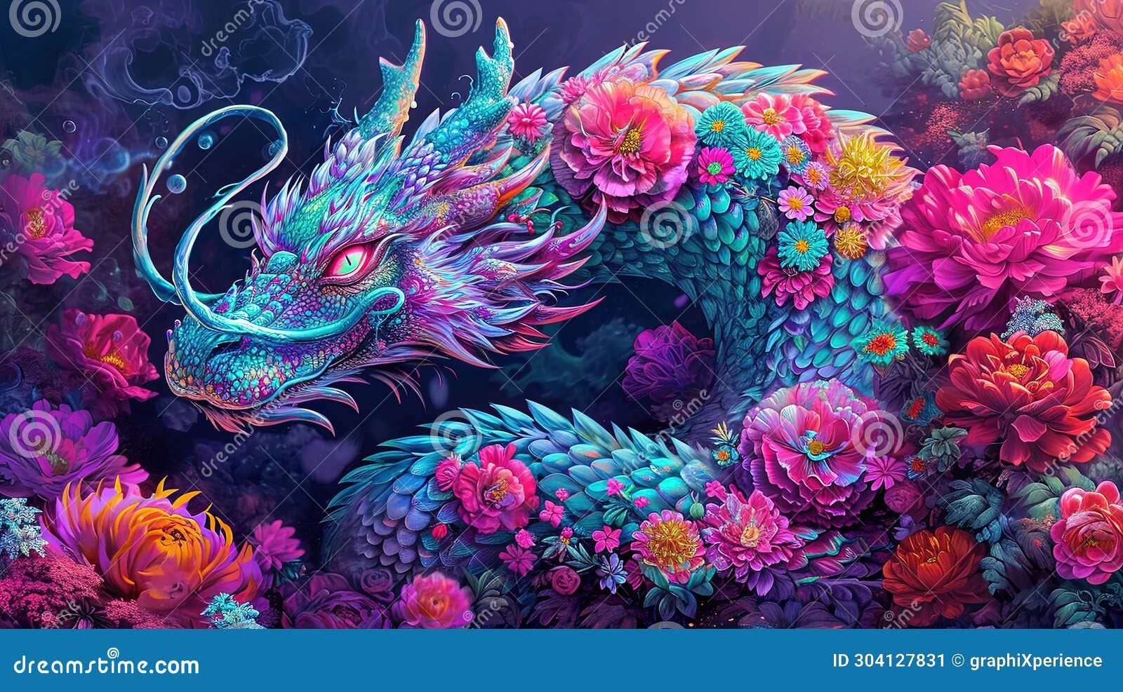 Colorful Dragon in Flowers stock illustration. Illustration of spring ...
