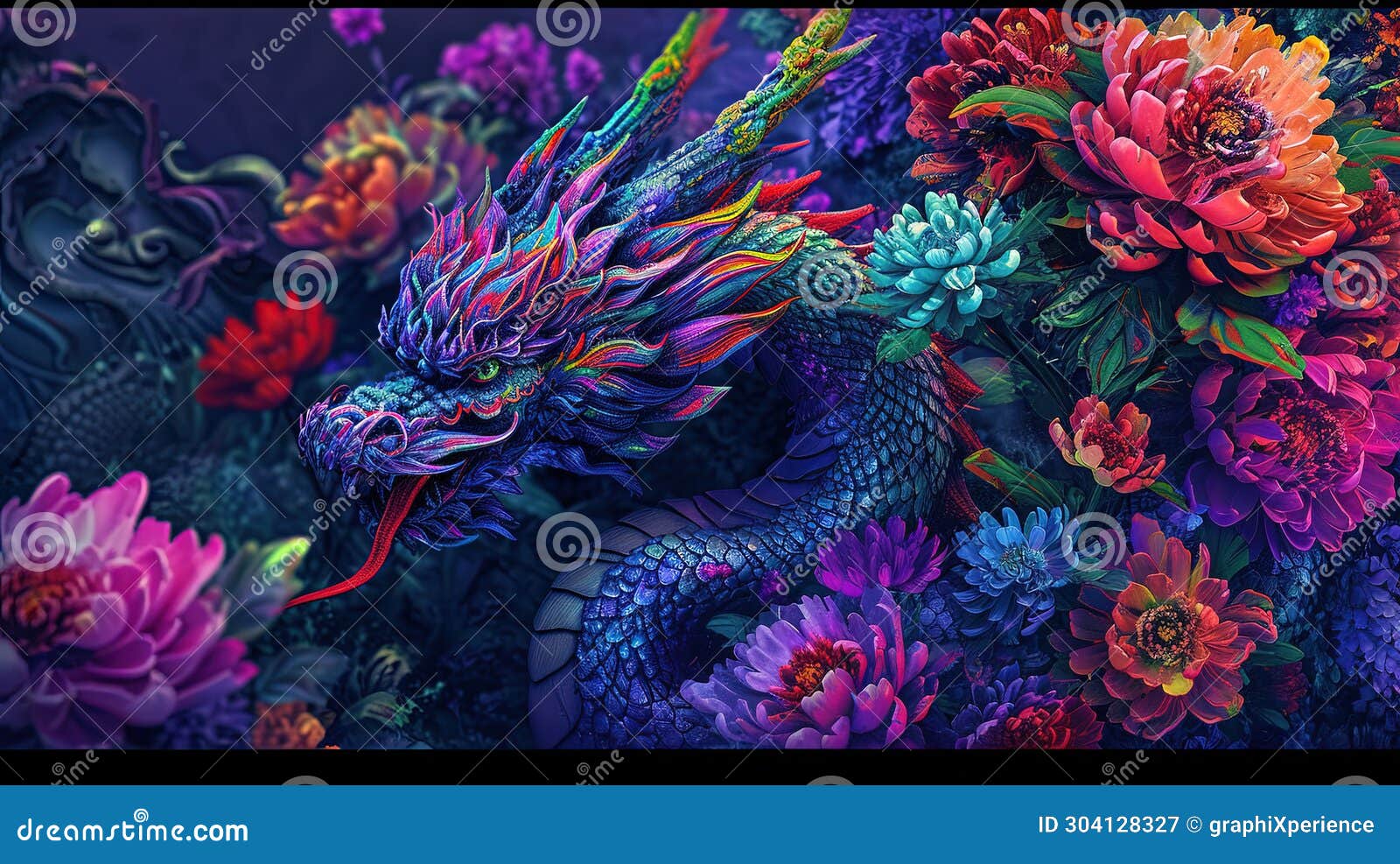 Colorful Dragon in Flowers stock illustration. Illustration of ...