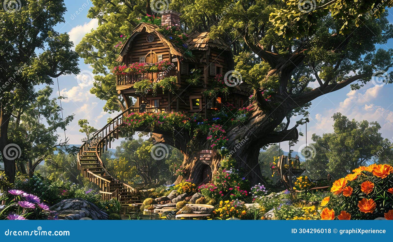 Whimsical Tree House and Flowers Stock Illustration - Illustration of ...