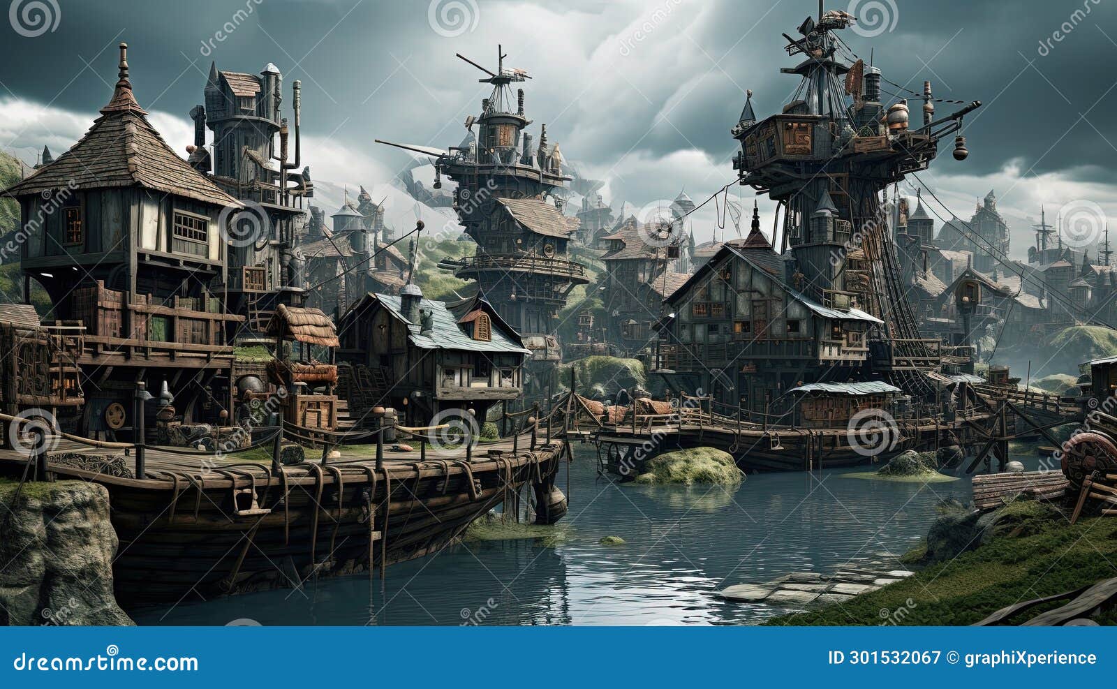 Misty Steampunk Village Sunset Stock Illustration - Illustration of ...