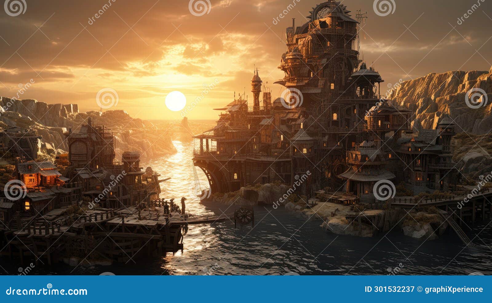 Misty Steampunk Village Sunset Stock Illustration - Illustration of ...