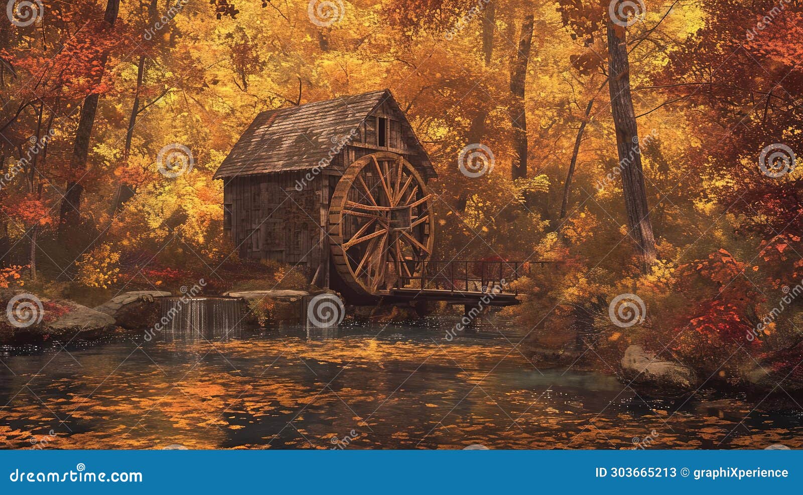 Autumn Watermill Painting stock illustration. Illustration of river ...