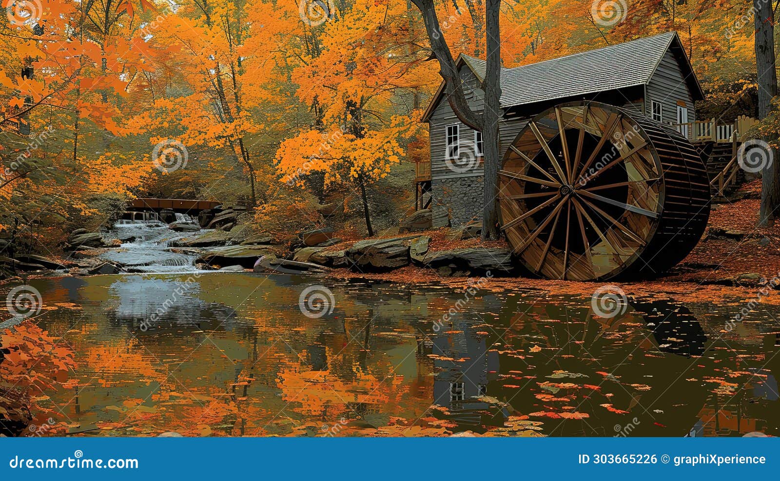 Autumn Watermill Painting stock illustration. Illustration of forest ...