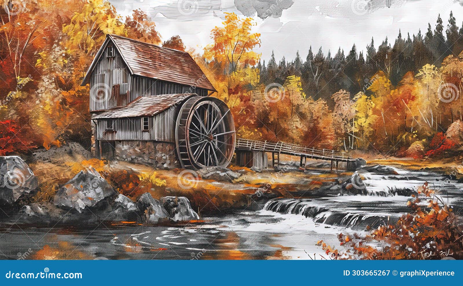 Autumn Watermill Painting stock illustration. Illustration of river ...