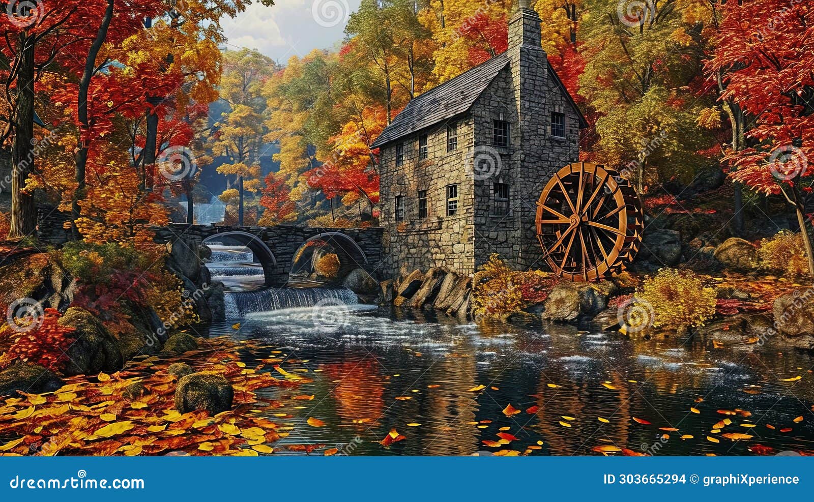 Autumn Watermill Painting stock illustration. Illustration of scenic ...