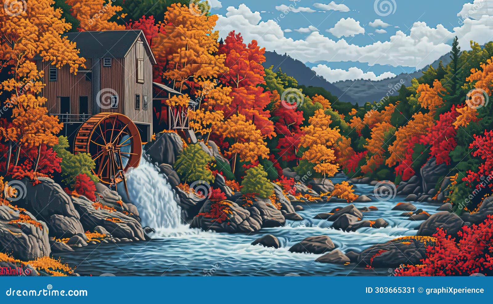 Autumn Watermill Painting stock illustration. Illustration of forest ...