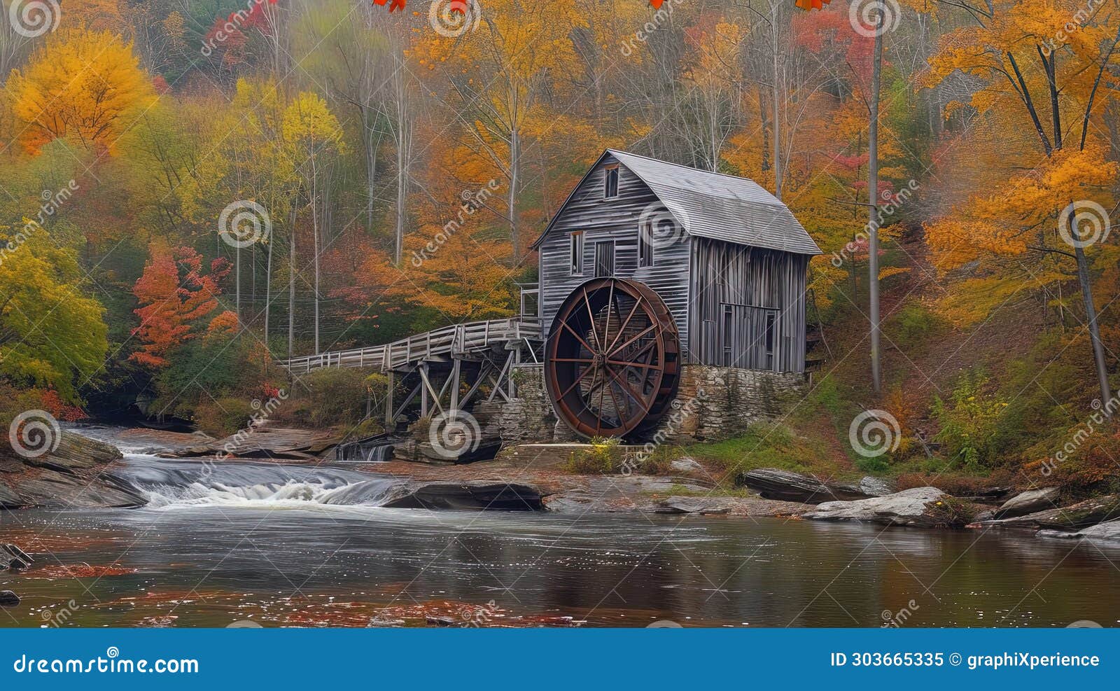 Autumn Watermill Painting stock illustration. Illustration of yellow ...