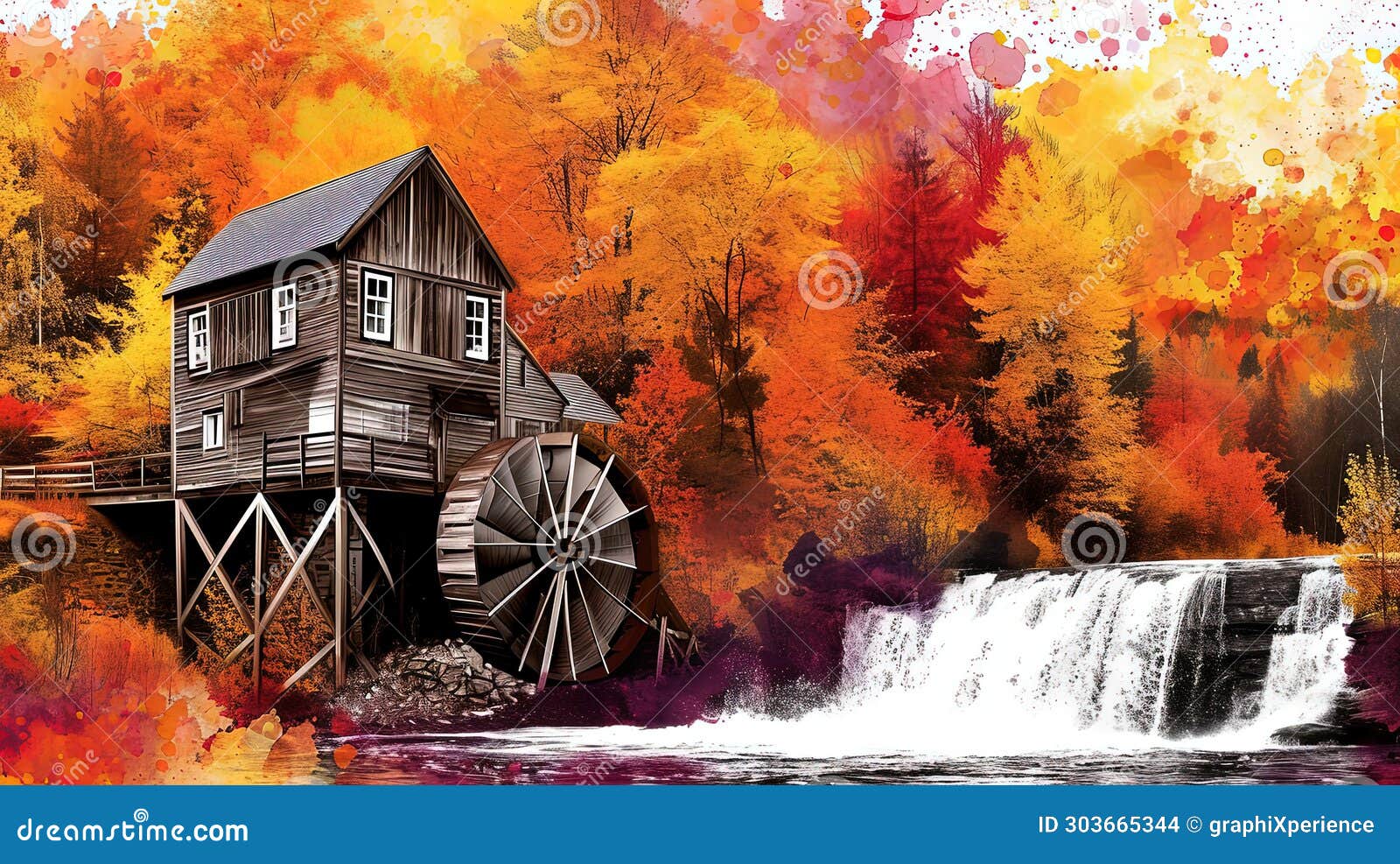 Autumn Watermill Painting stock illustration. Illustration of ...
