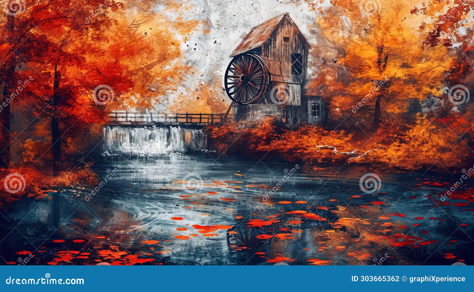 Autumn Watermill Painting stock illustration. Illustration of house ...