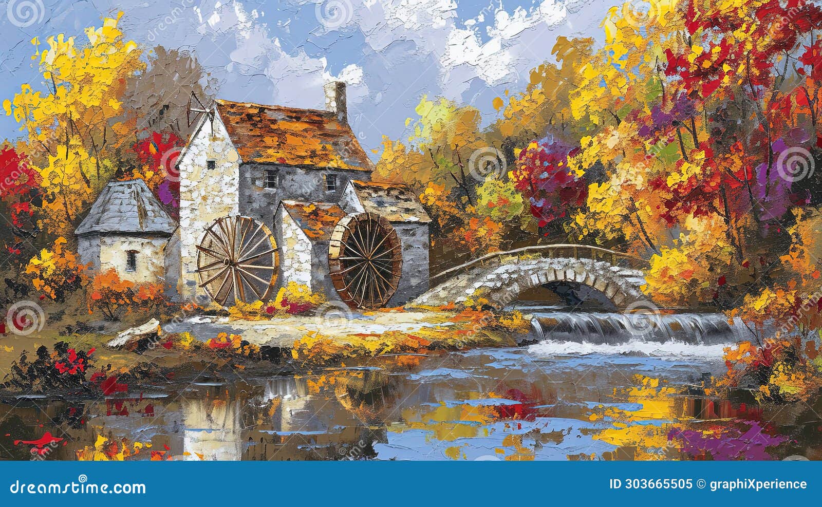 Autumn Watermill Painting stock illustration. Illustration of river ...