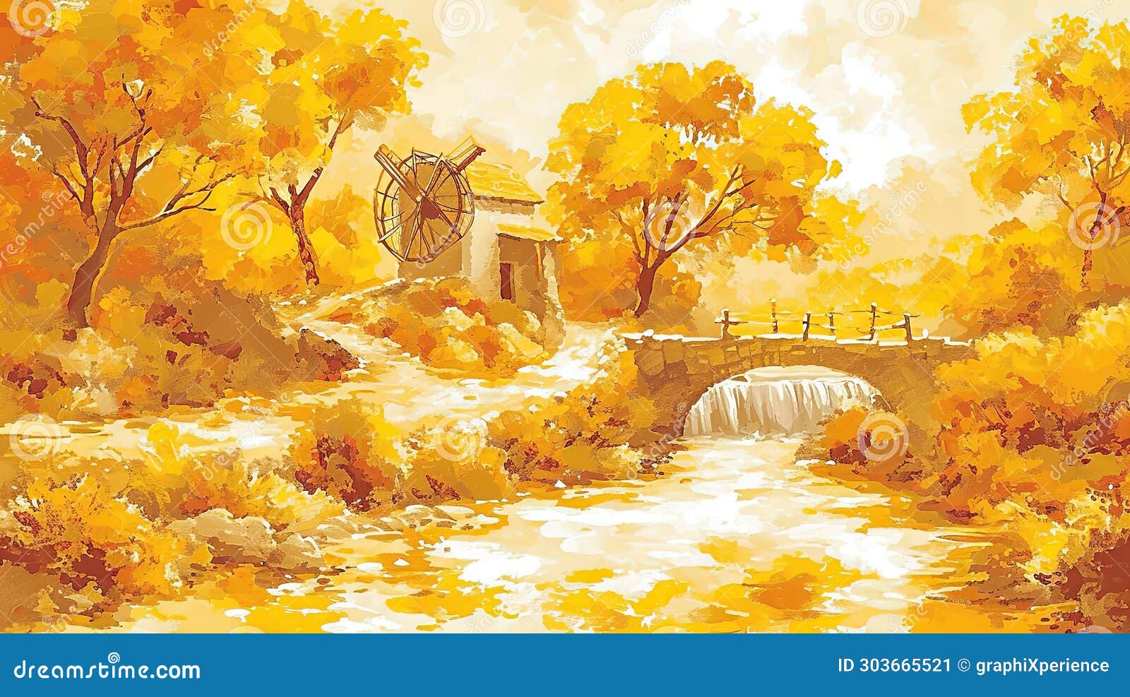 Autumn Watermill Painting stock illustration. Illustration of autumn ...