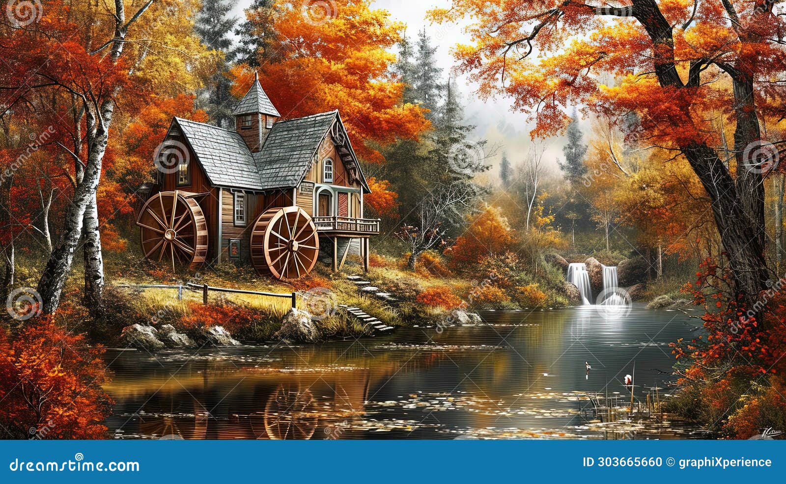 Autumn Watermill Painting stock illustration. Illustration of grass ...