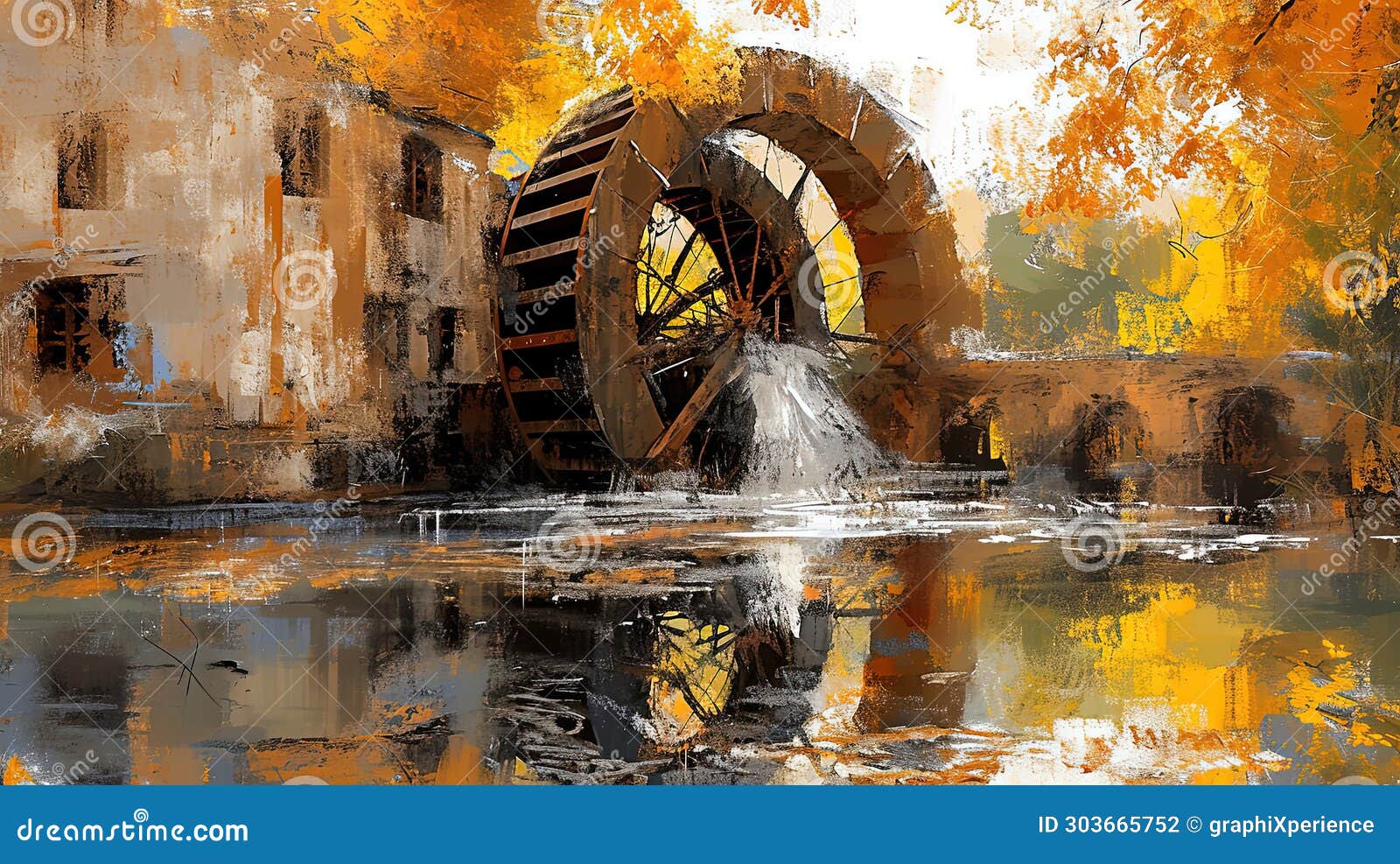 Autumn Watermill Painting stock illustration. Illustration of river ...