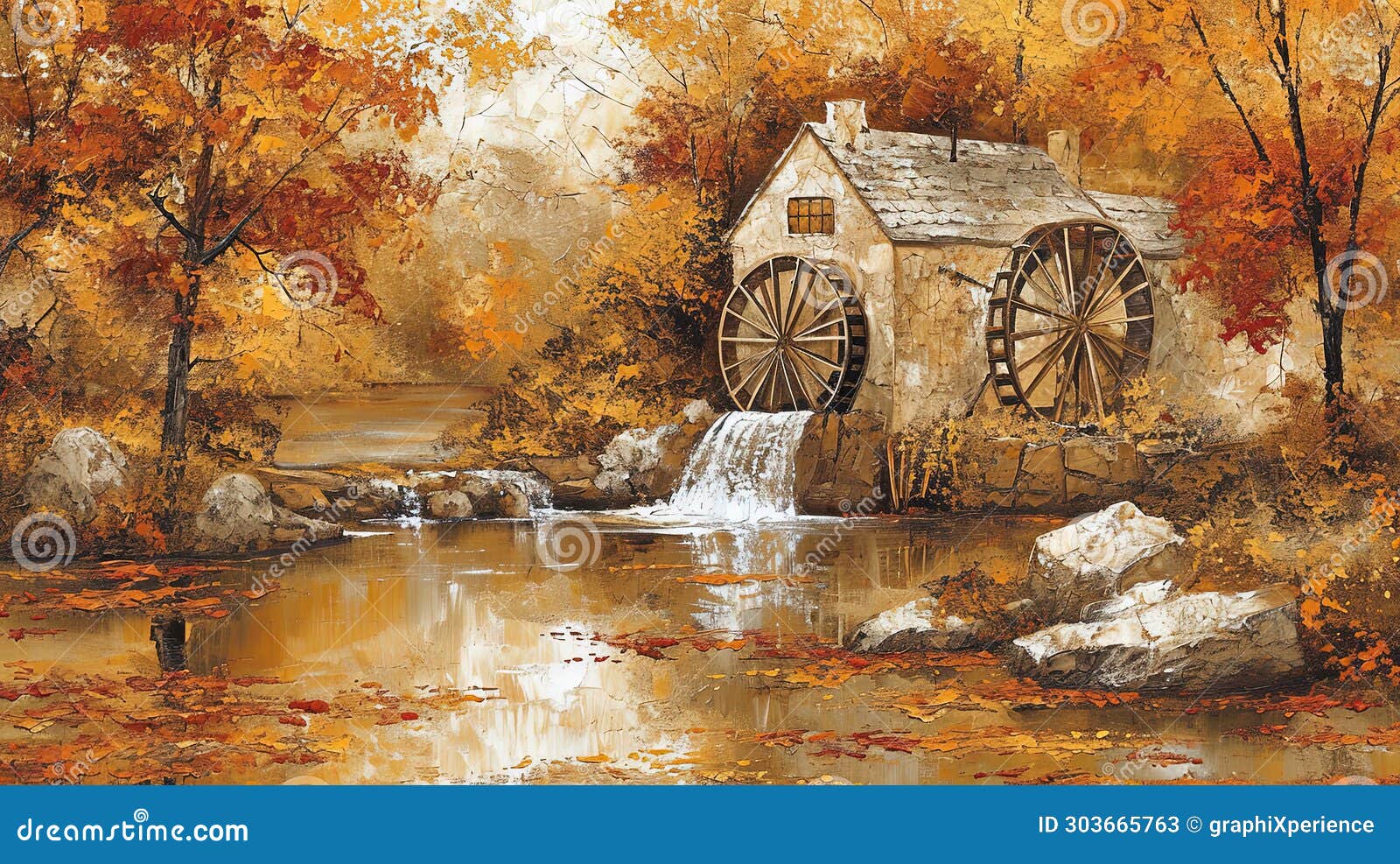 Autumn Watermill Painting stock illustration. Illustration of autumn ...