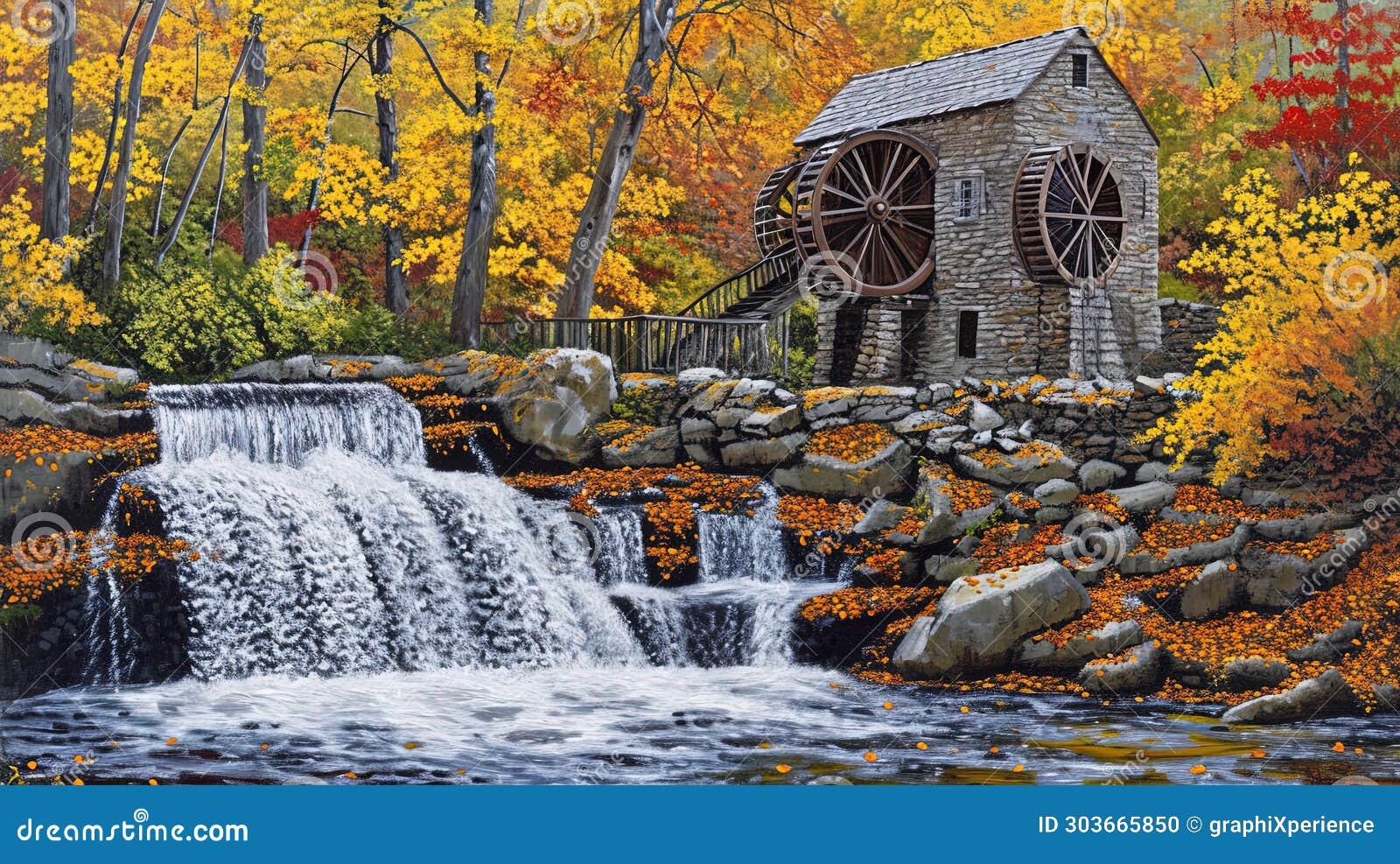 Autumn Watermill Painting stock illustration. Illustration of stone ...