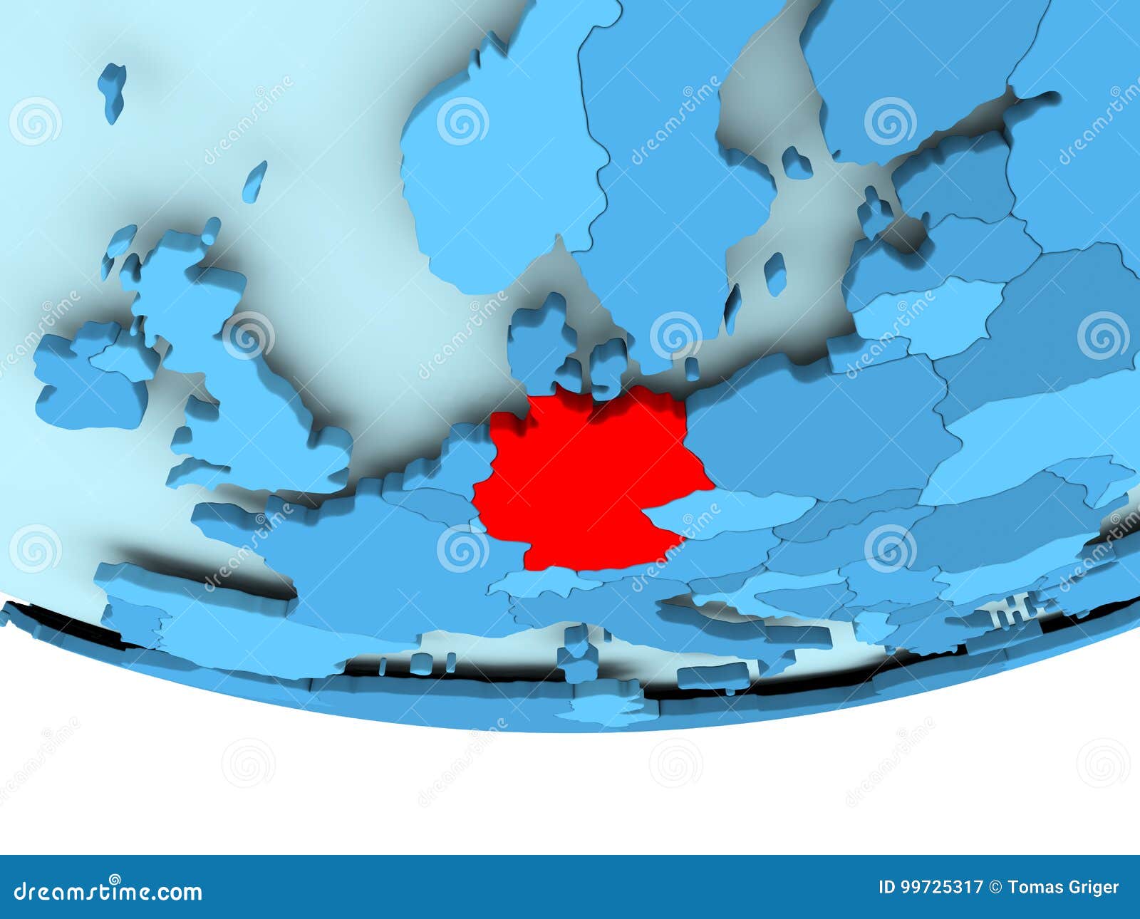 Germany in red on blue map stock illustration. Illustration of blue ...