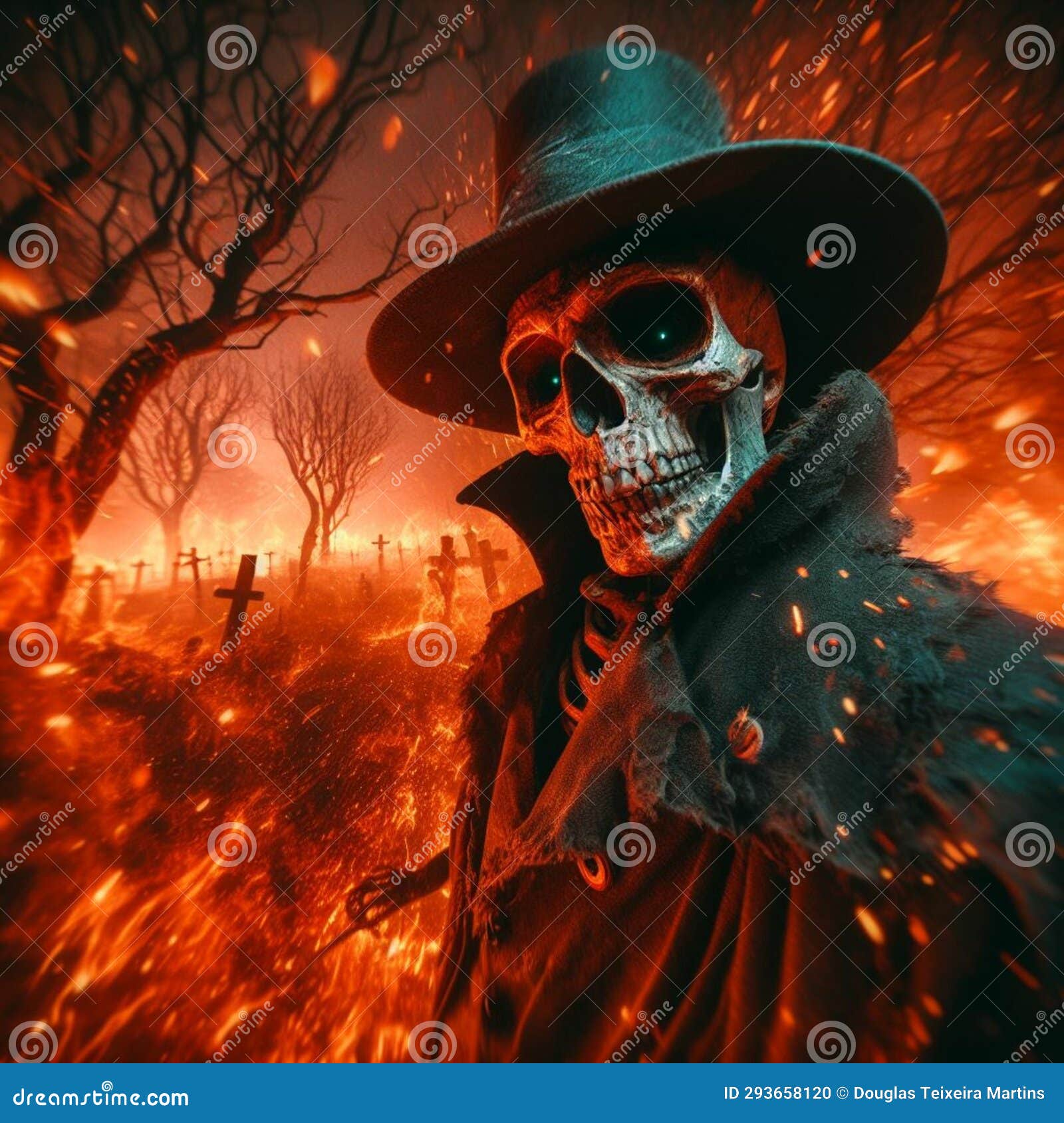 Illustration of a Ghastly Skull with Fire Effects in a Graveyard Stock ...