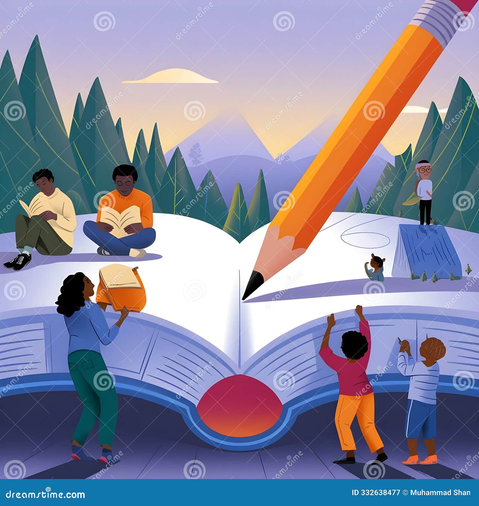 An Illustration of a Giant Book with a Pencil Stock Illustration ...