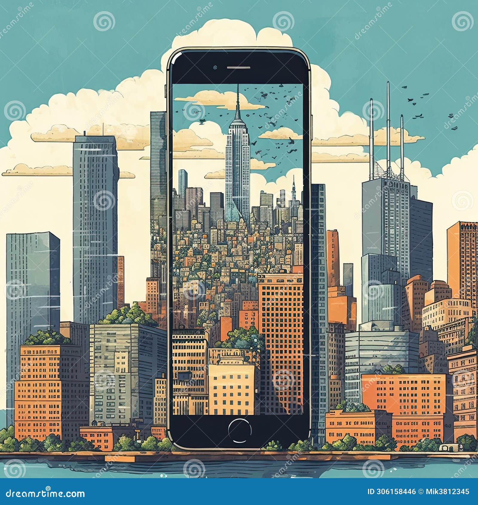 Illustration of Giant Mobile Phone in the City. Stock Illustration ...