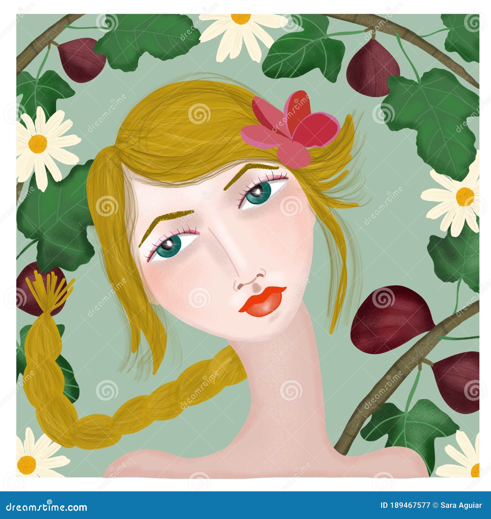 Illustration with a Girl in a Fig Tree Background. Stock Illustration ...