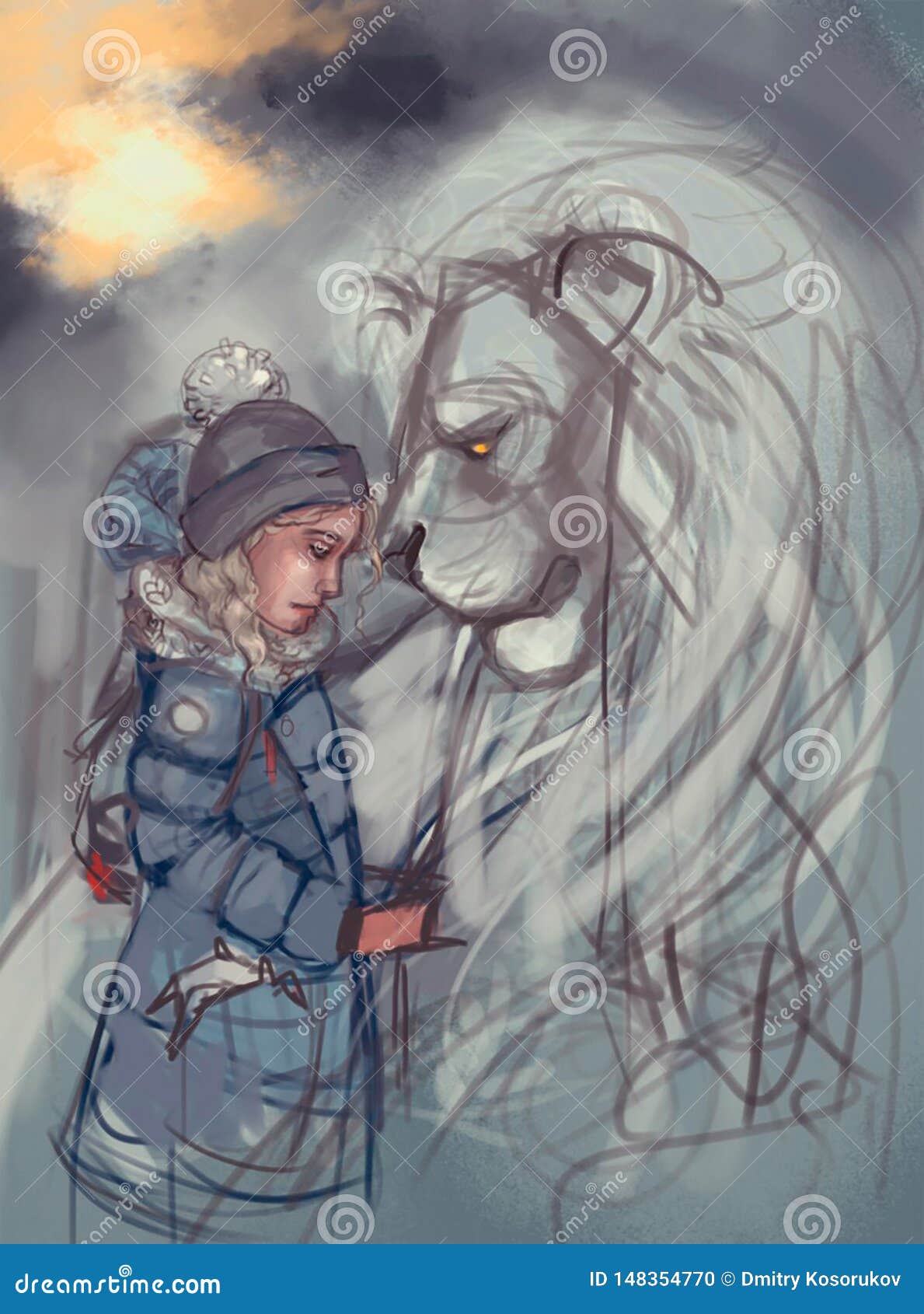 Illustration of a Girl and a Lion Stock Illustration - Illustration of ...