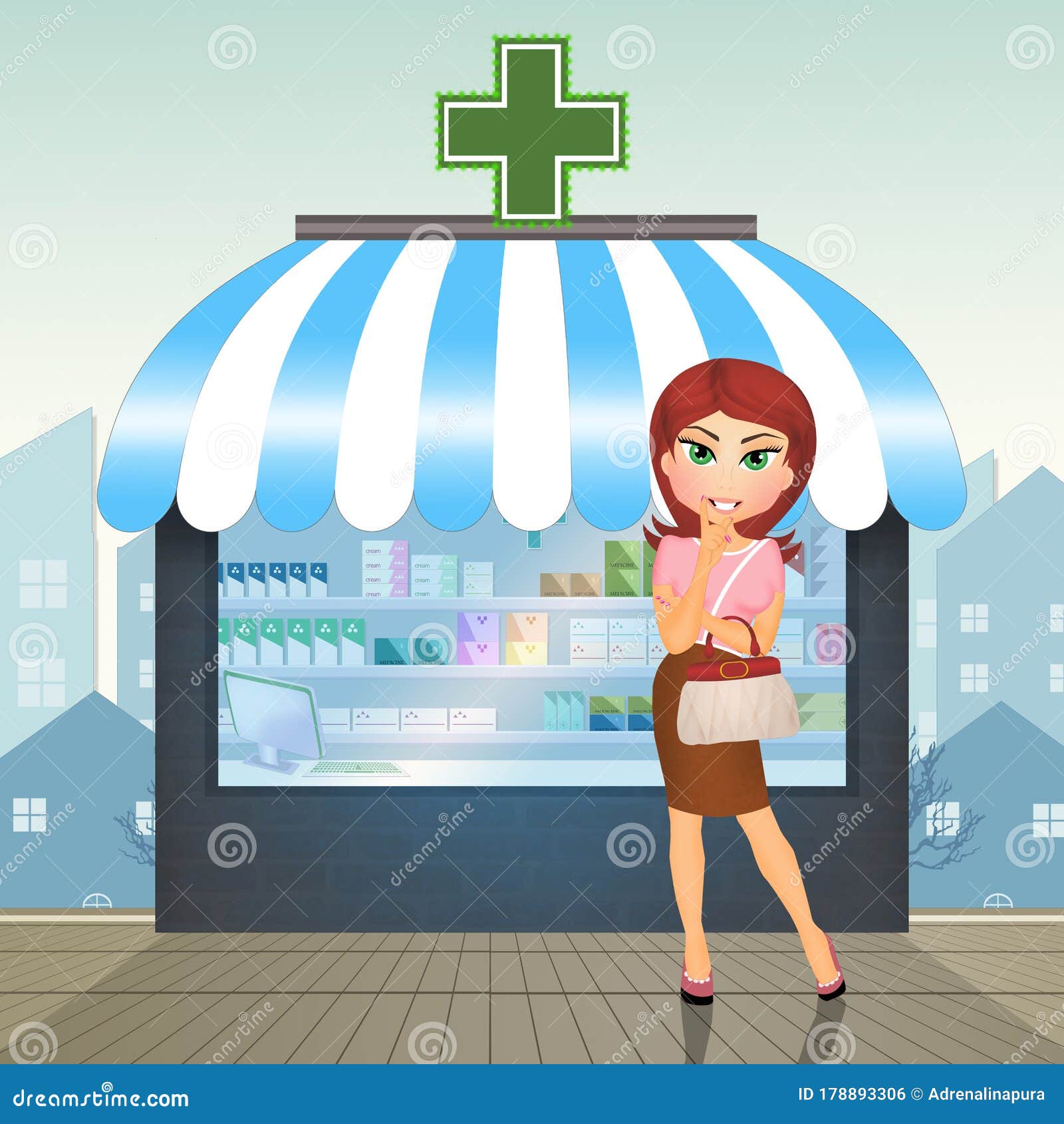 Girl in the pharmacy stock illustration. Illustration of deliver ...