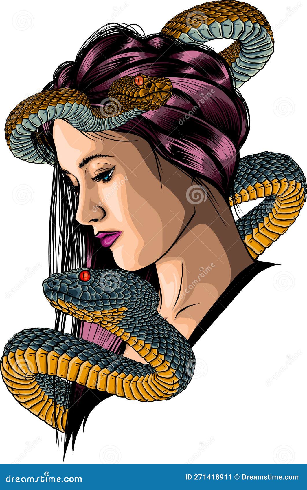 Illustration of Head Girl and Snake Stock Vector - Illustration of ...