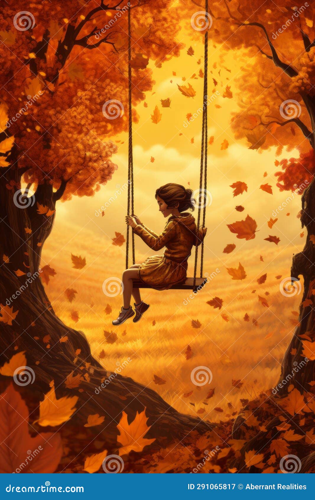 An Illustration of a Girl on a Swing in the Fall Stock Illustration ...