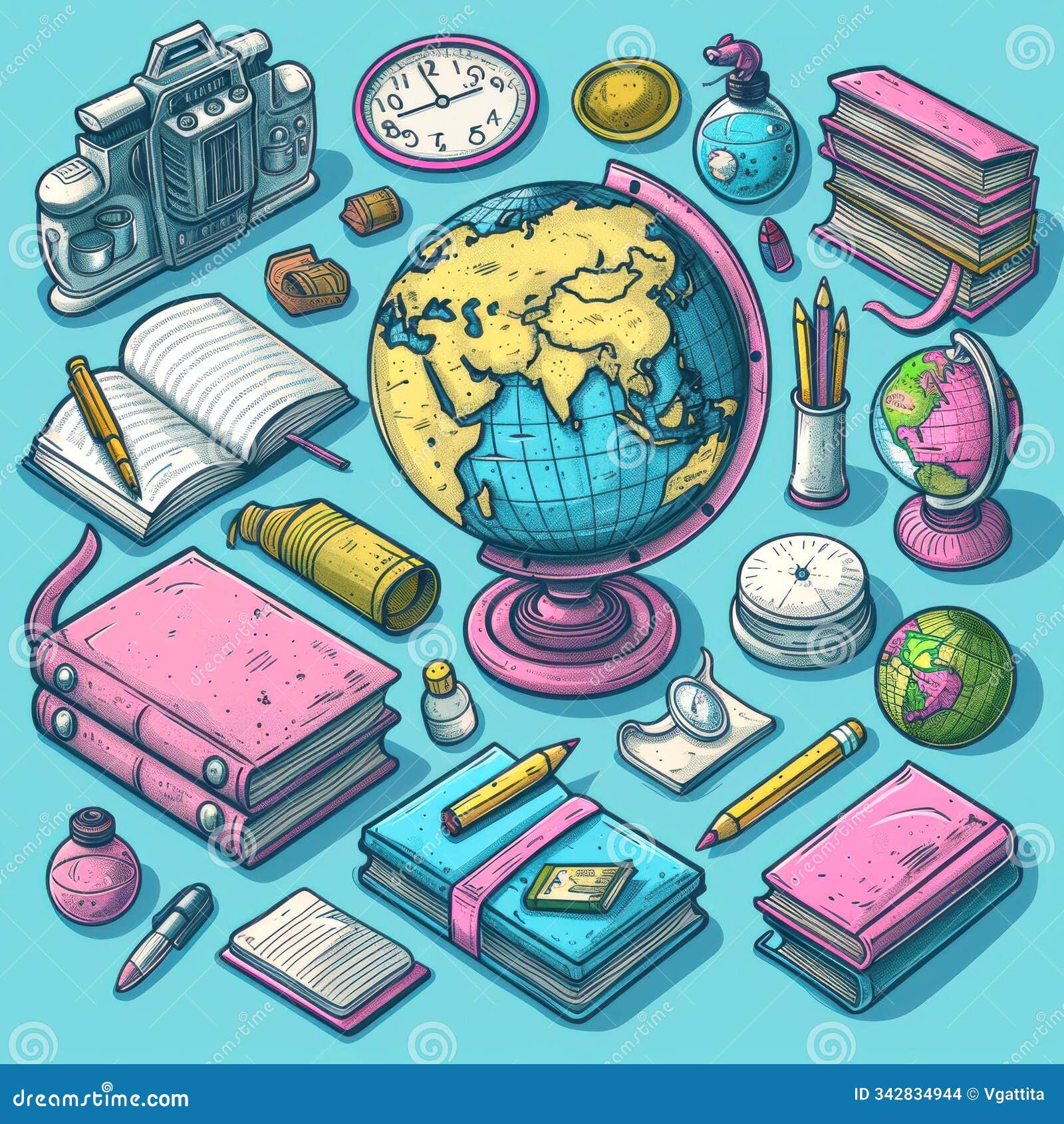 Illustration of a Globe with Books, Pencils, and Other Learning Tools, Symbolizing Global ...