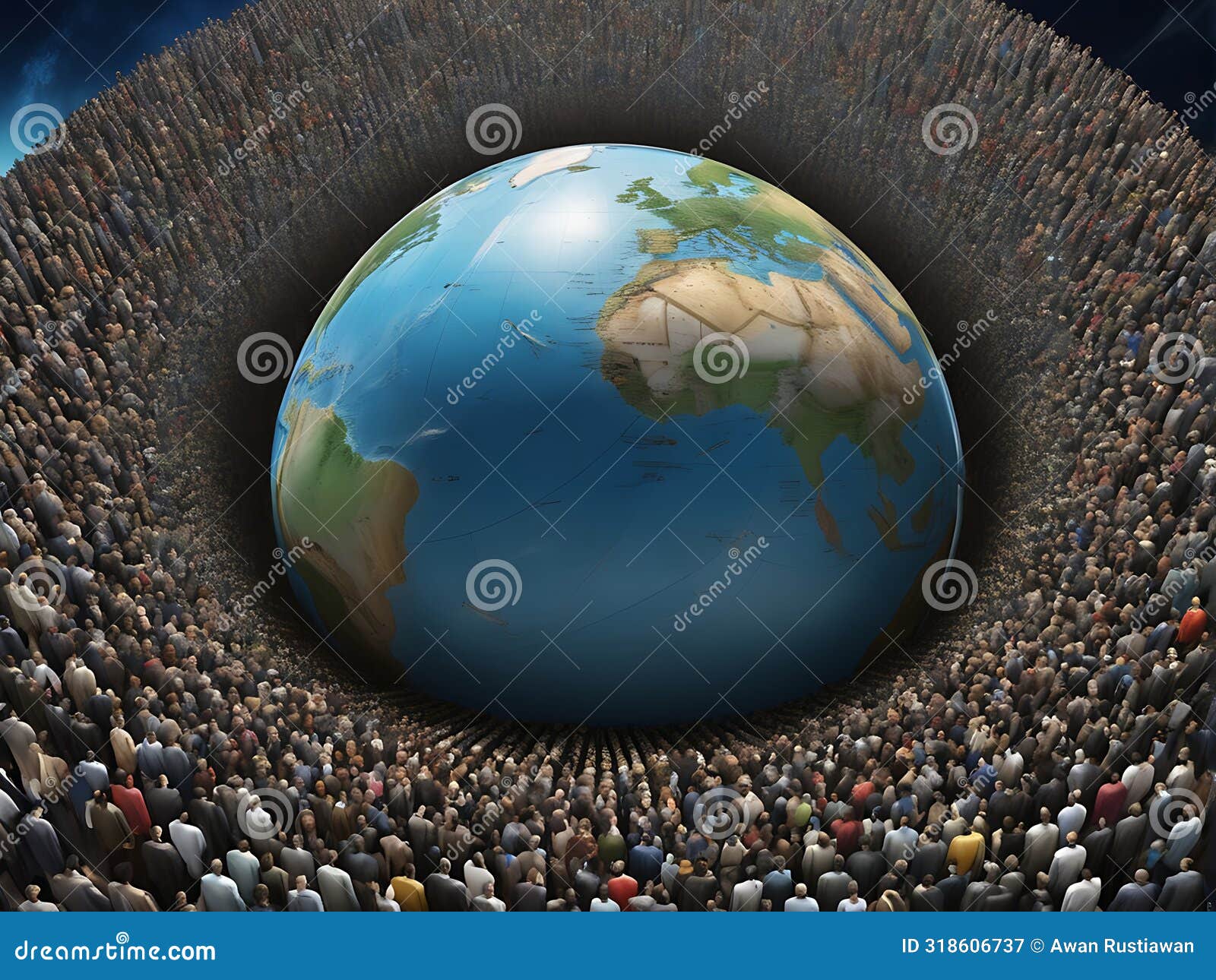 Illustration of Globe Surrounded by a Crowd, Symbolizing Overpopulation ...
