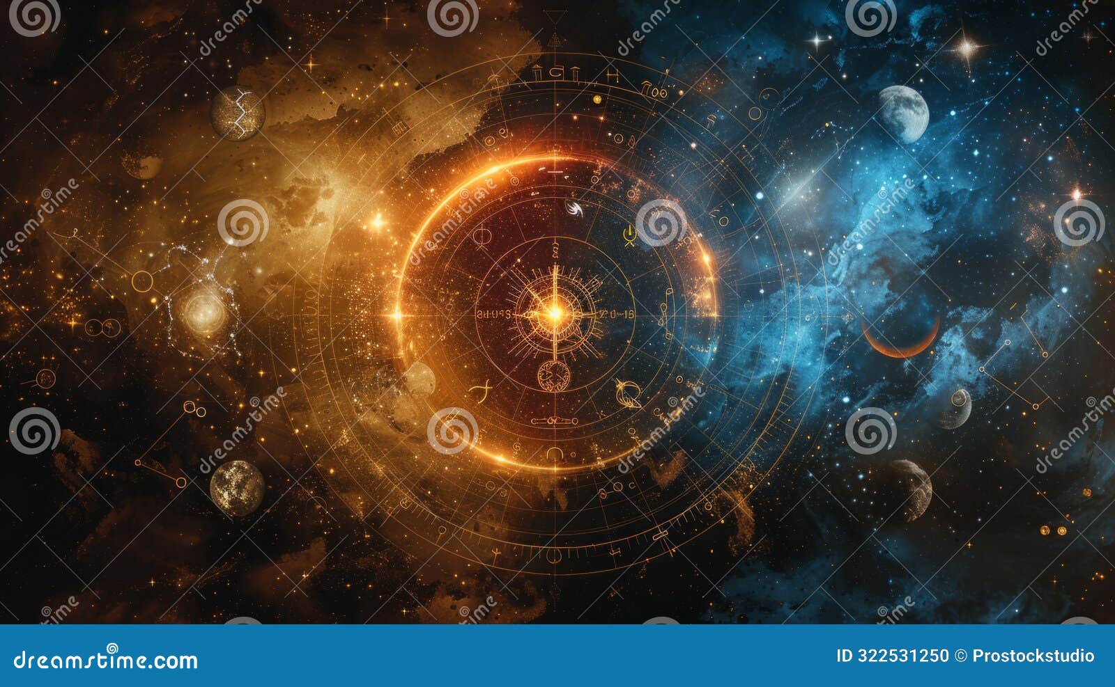 Glowing Celestial Compass in Cosmic Space with Symbols and Planets ...