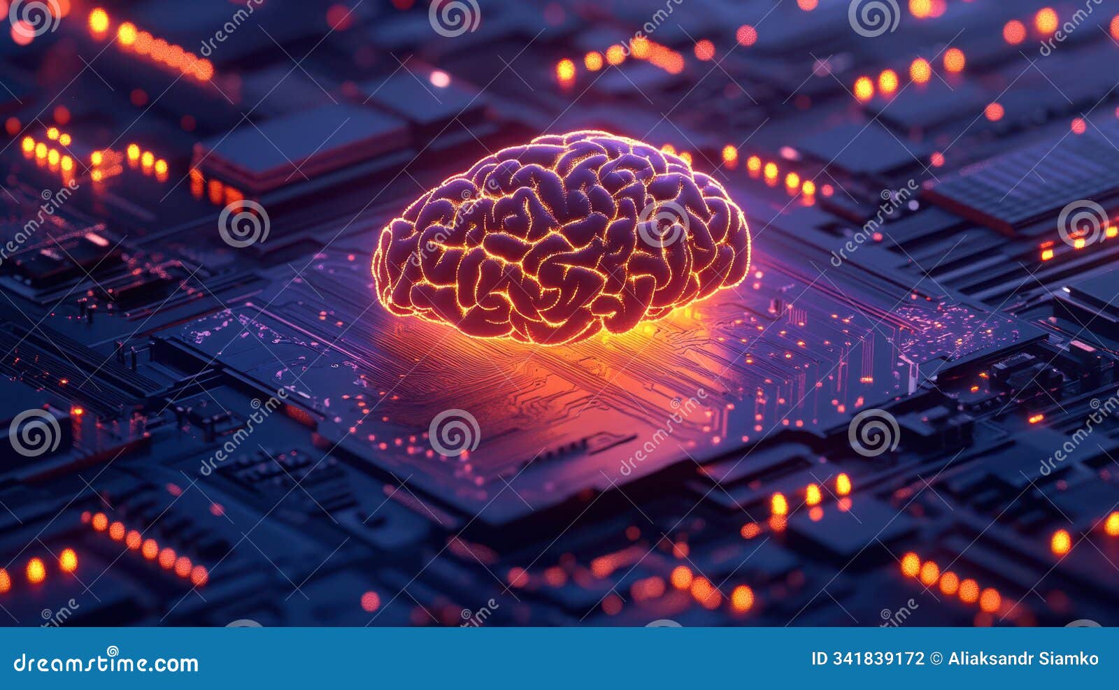 Illustration of a Glowing Circuit Shaped Like a Brain on a Microchip ...