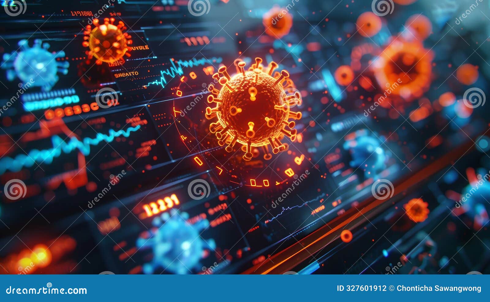 Illustration of Glowing Digital Viruses Surrounded by Data Charts and ...