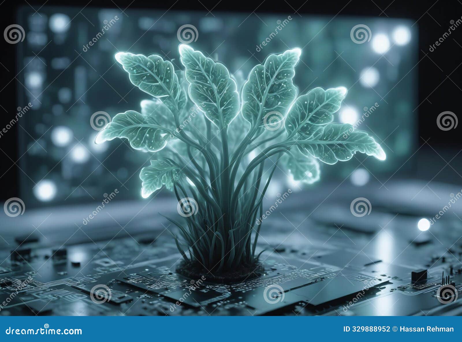 Illustration of Glowing Plant Growing on Computer Chip Stock ...