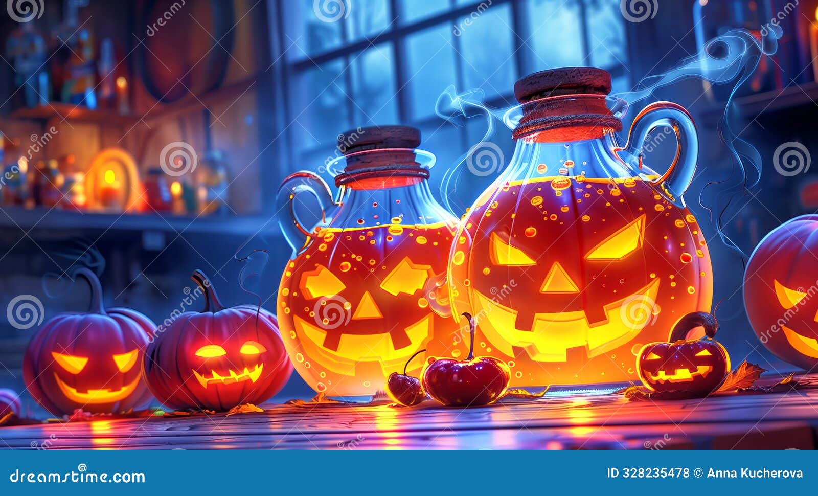Glowing Potion Bottles in a Spooky Interior Setting with Pumpkins and ...