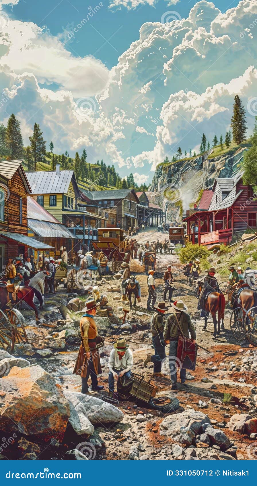 Illustration of a Gold Rush Era Scene with Colorful Characters and ...