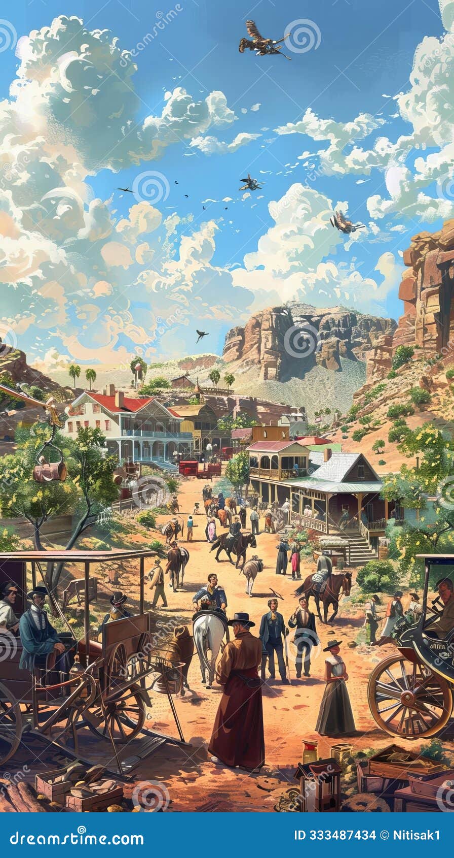 Illustration of a Gold Rush Era Scene with Colorful Characters and ...