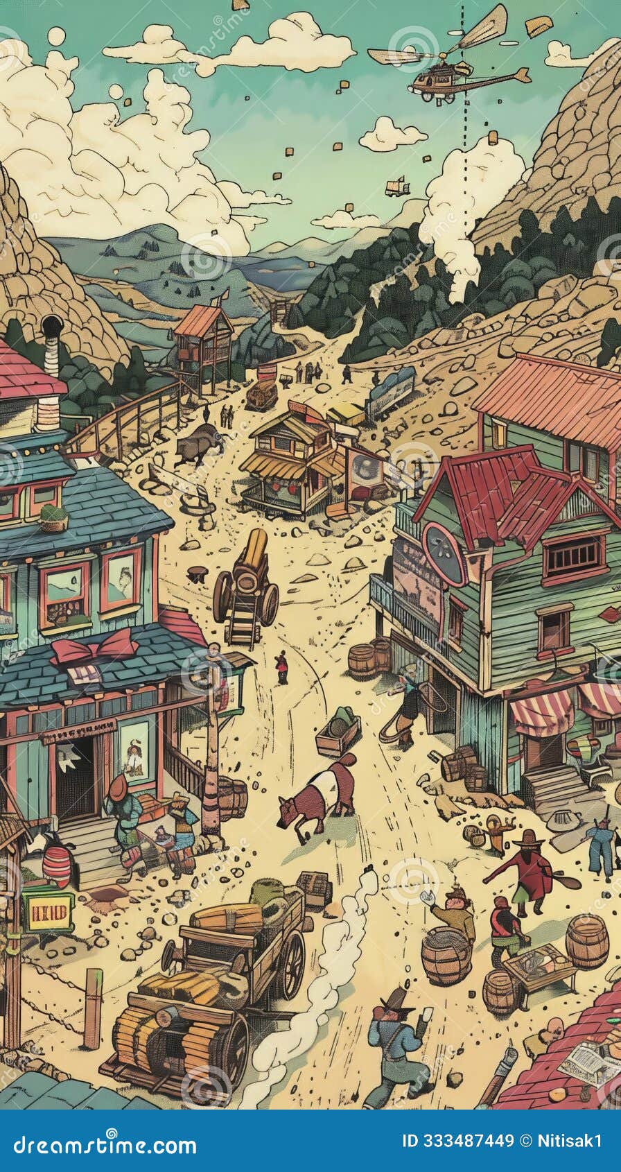 Illustration of a Gold Rush Era Scene with Colorful Characters and ...