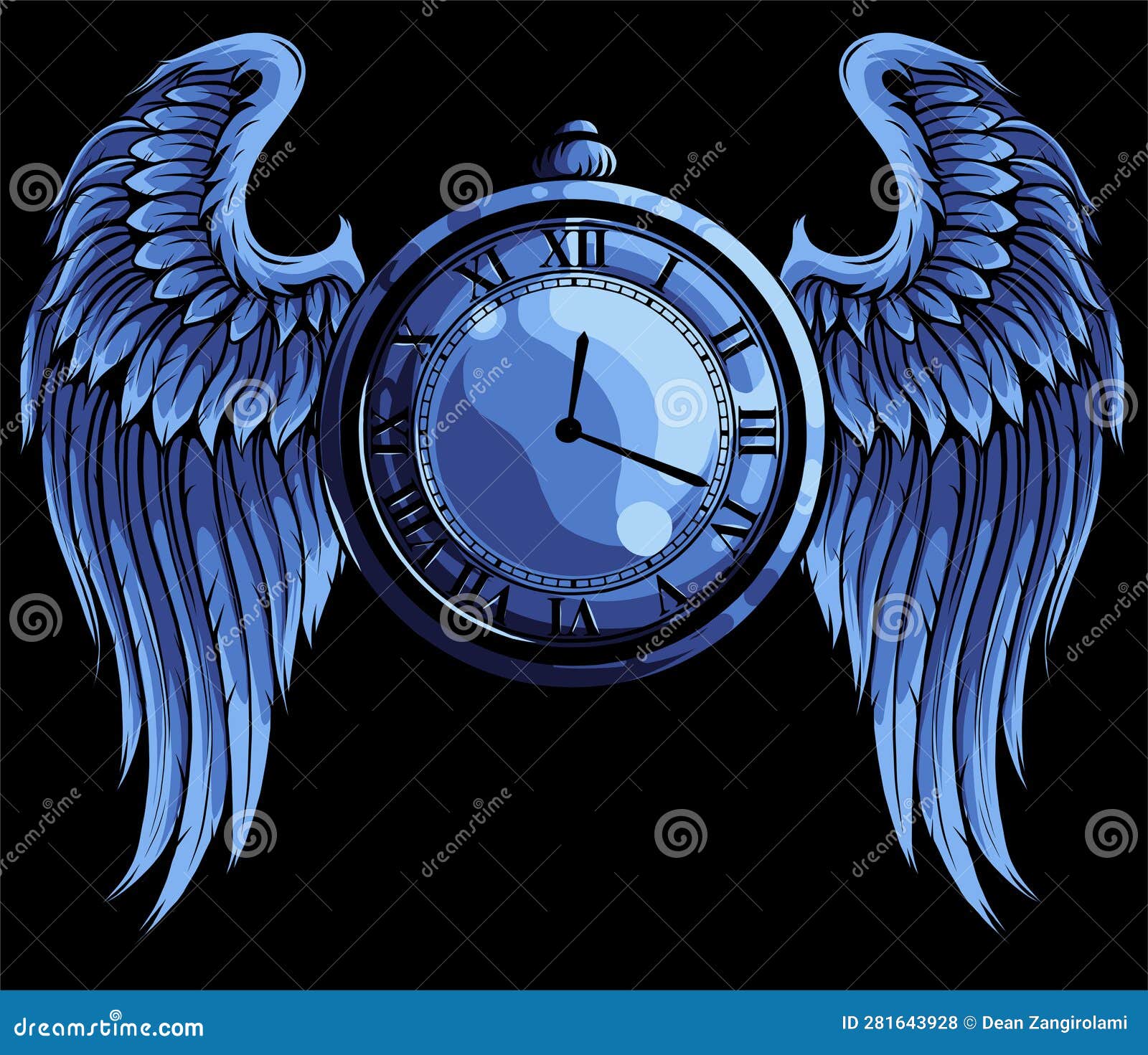 Vector Illustration of Golden Clock with Wings on Black Background ...