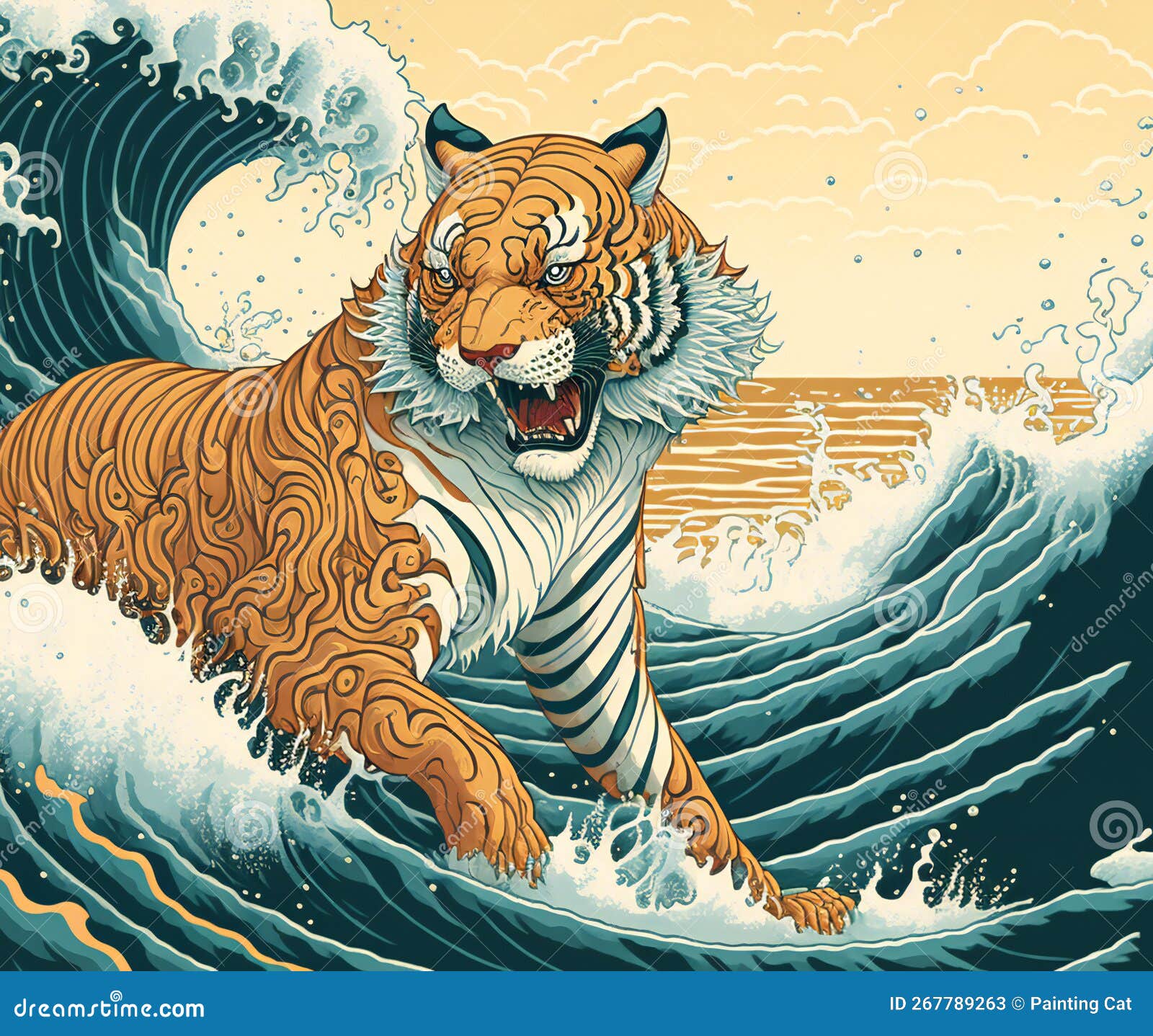 Illustration of Golden Tiger and Waves, Creative Digital Illustration ...