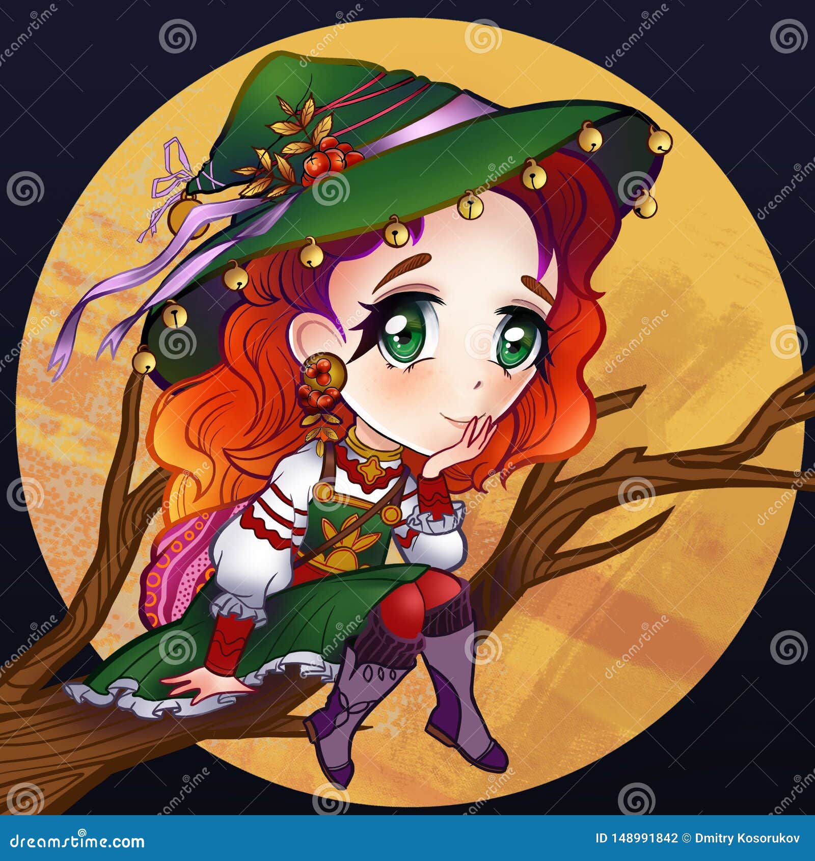 Illustration of a Good Witch Sitting on a Tree Branch Stock ...