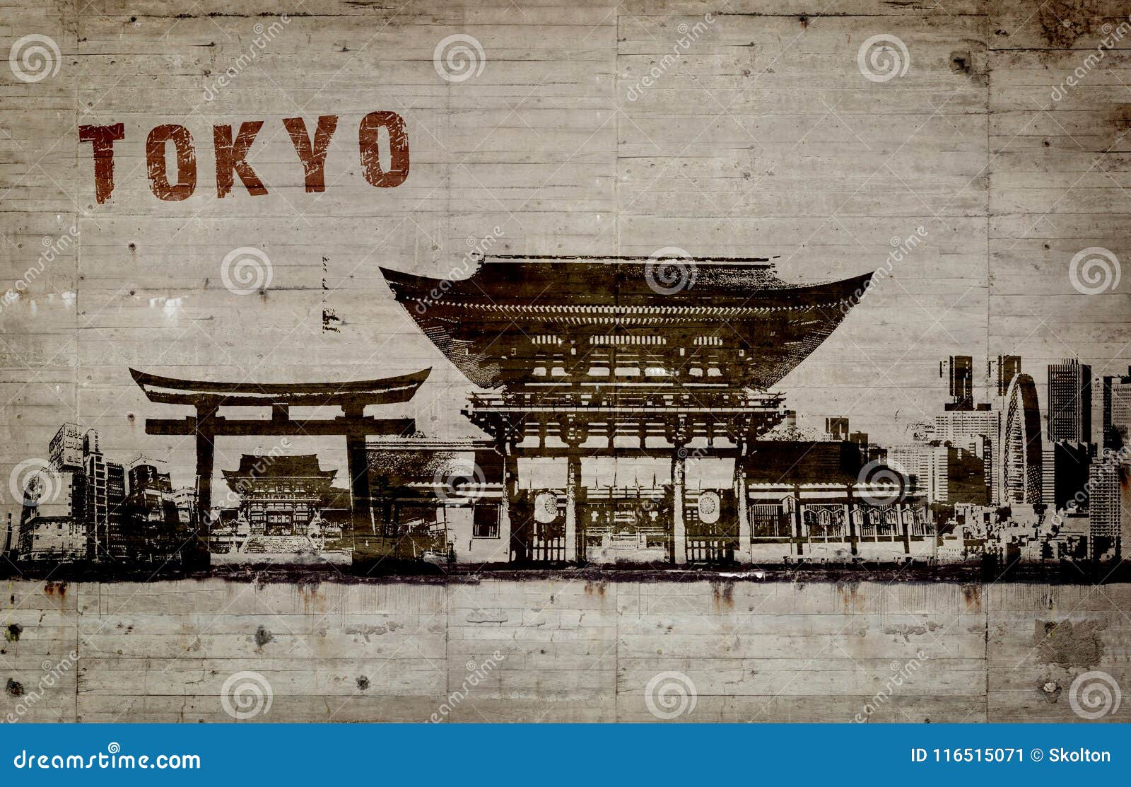 Illustration of a Graffiti on a Concrete Wall of the City of Tokyo ...