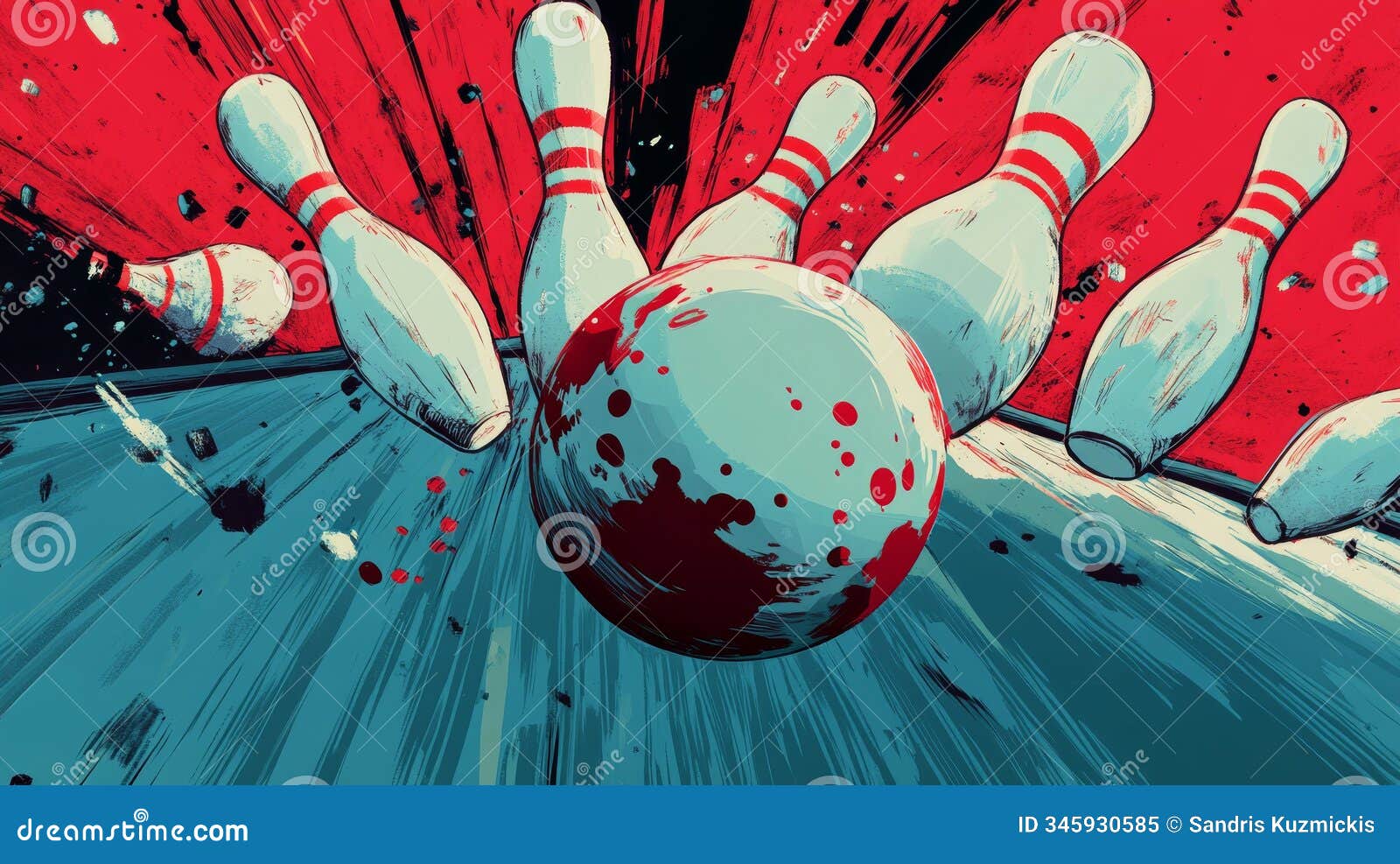 Illustration in Graffiti Style of Bowling Pins Being Broken by the Ball ...