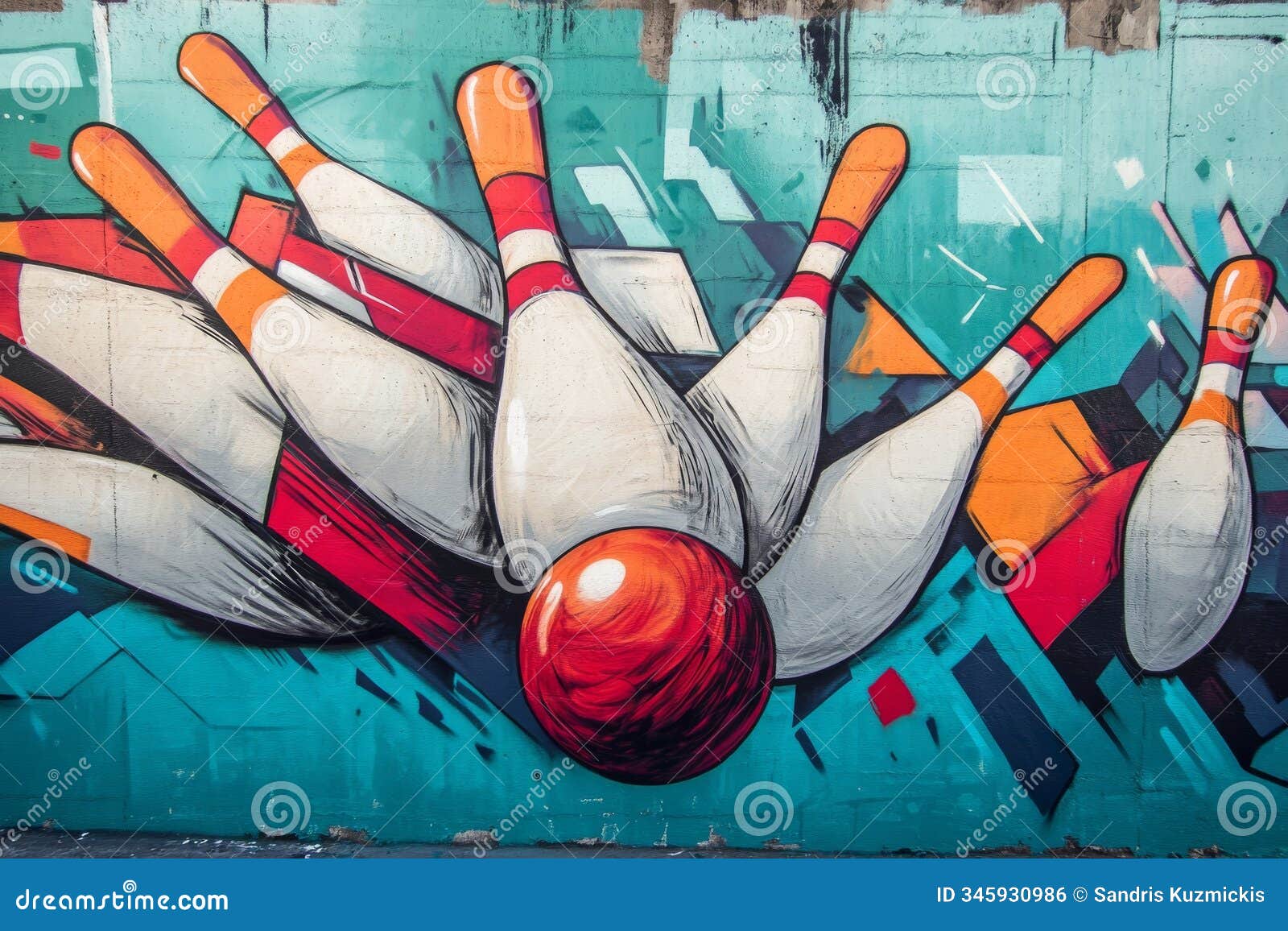 Illustration in Graffiti Style of Bowling Pins Being Broken by the Ball ...