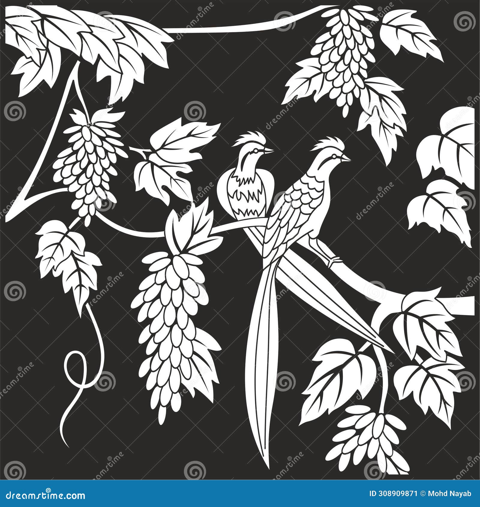 Glass Etching Pattern Two Doves on a Branch of a Palm Tree. Black and ...