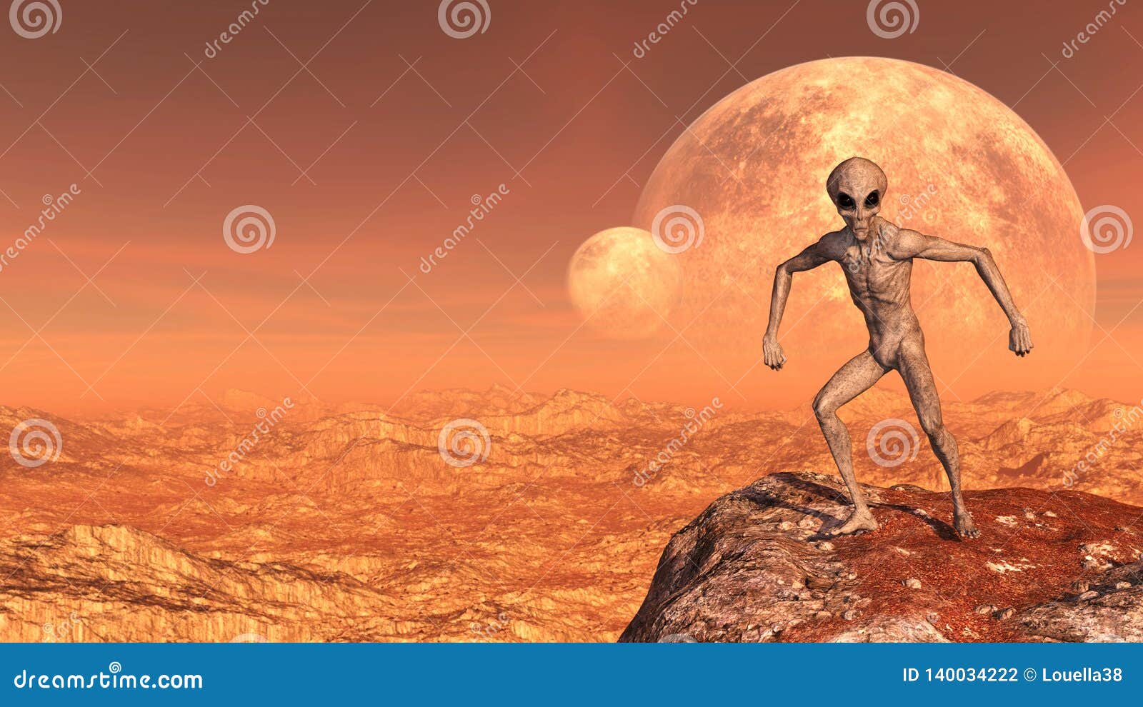 Illustration of a Gray Alien in a Combative Comical Pose Atop a ...