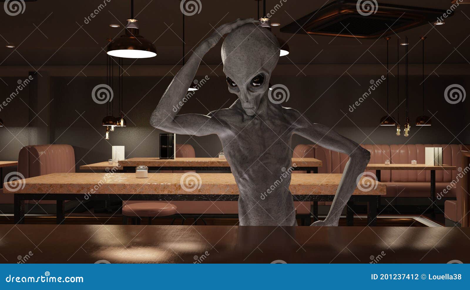 Illustration of a Gray Alien Standing in a Restaurant. Stock ...