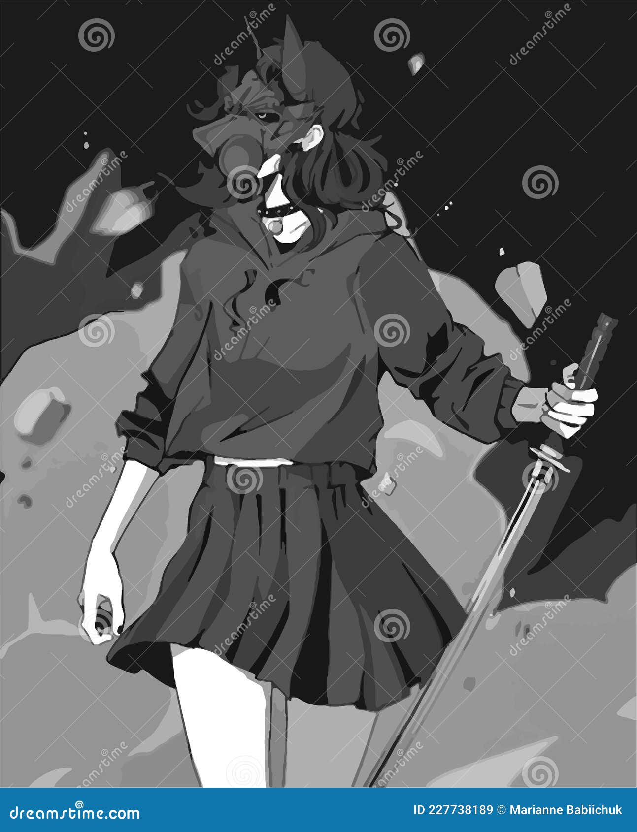 Illustration in Grayscale Anime Girls with Sword and Mask Stock Vector ...