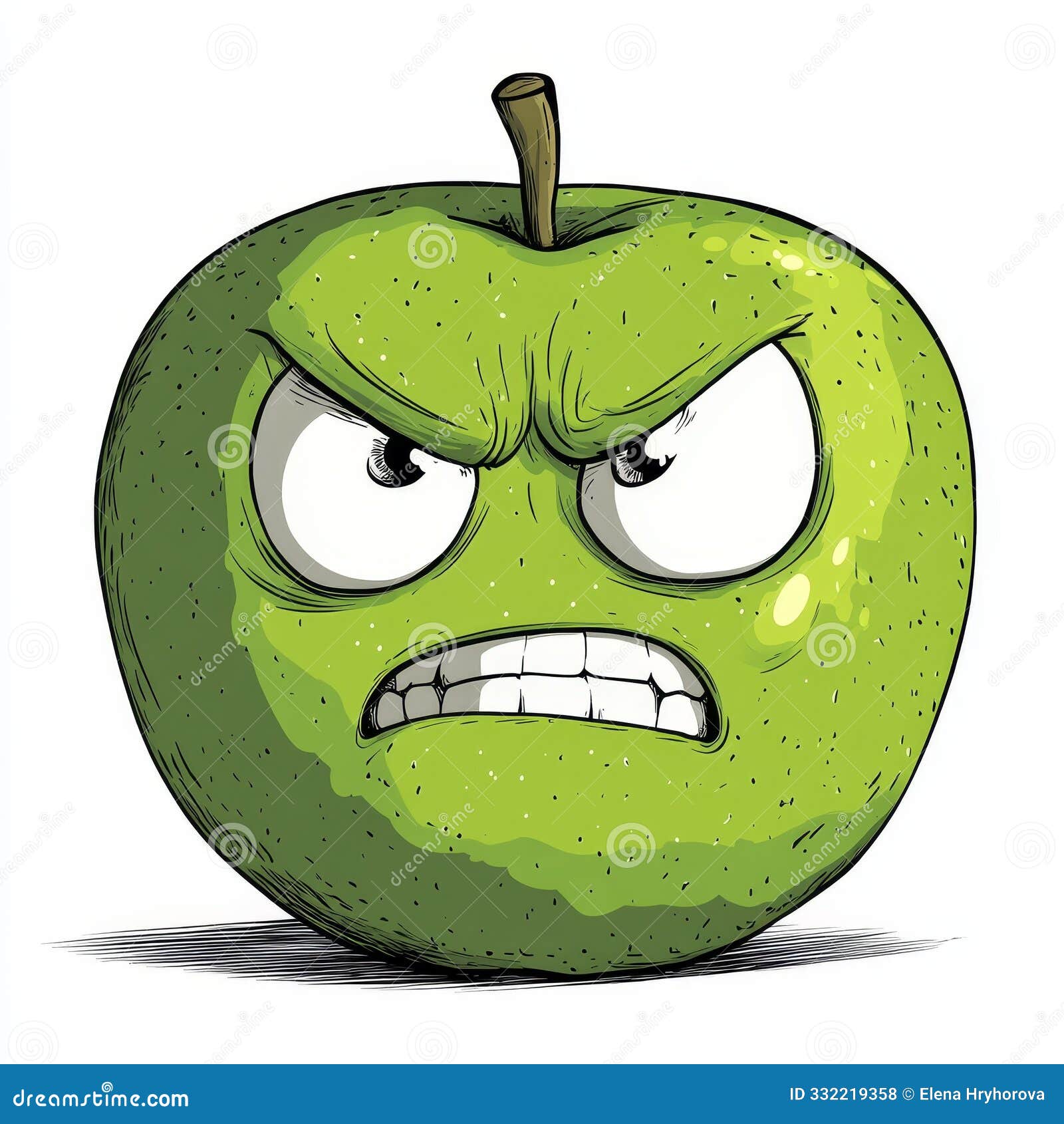 Illustration of a Green Apple with an Angry Expression Animated Style ...