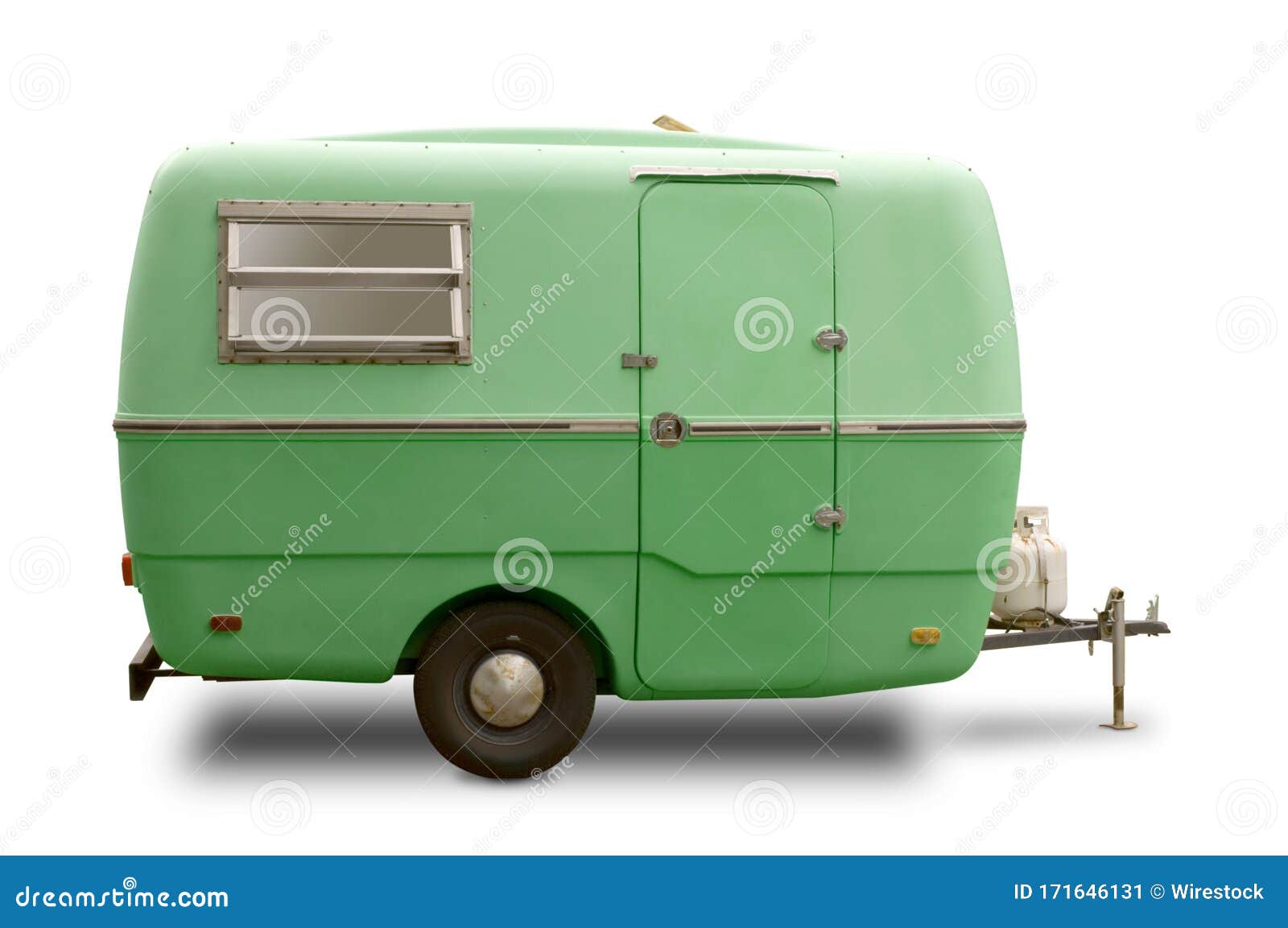 Illustration of a Green Mini RV Trailer Under the Lights Against a ...